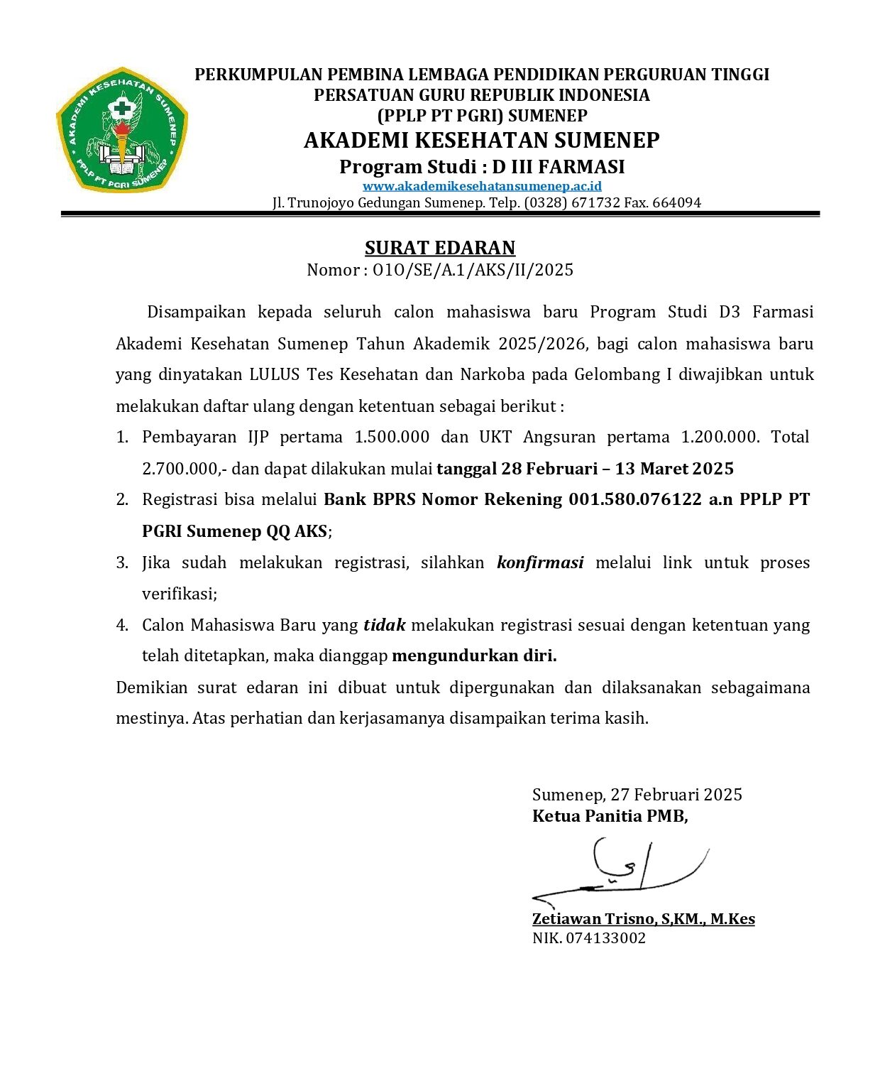 Surat Edaran Registrasi PMB Tahap I – SPMB D3 FARMASI AKS